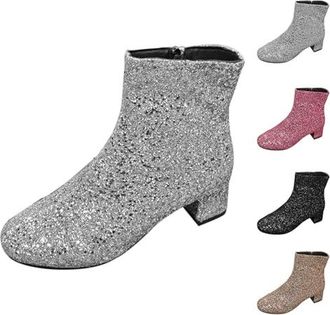 Generic Bottines &agrave; paillettes pour femme avec strass et talons &eacute;pais avec fermeture &eacute;clair lat&eacute;rale, bout rond, talon bloc bas, court, habill&eacute;, confortable, d