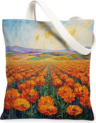 Generic Sac fourre-tout en toile r&eacute;utilisable avec motif de fleurs de soucis printaniers pour le shopping, 33 x 38,1 cm, motif paysage floral, sac d&eacute;picerie p