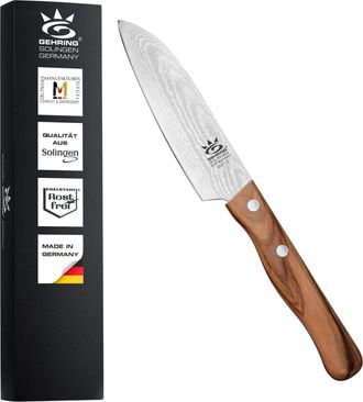 Gehring Solingen Look Damast Santokumesser 11 cm I scharfes Profi K&uuml;chenmesser I eisgeh&auml;rter Damaststahl VG10 I ergonomischer Olivenholzgriff I Damastmesser I