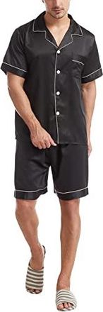 Feoya Ensemble de Pyjama Homme en Soie Artificielle Vêtement de Nuit 2 Pièces Chemise à Manches Courtes avec Shorts Vêtements de Détente Maison Noir M