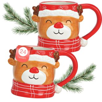 Matches 21 Rentier 3D Weihnachts-Tassen 2er Set bunt in 10 cm, 400 ml - Kaffeetassen f&uuml;r Tee, Kakao & Gl&uuml;hwein