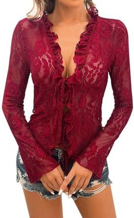 Generic Haut en dentelle à manches longues en maille pour femmes à nouer sur le devant, broderie florale transparente, bordeaux, S