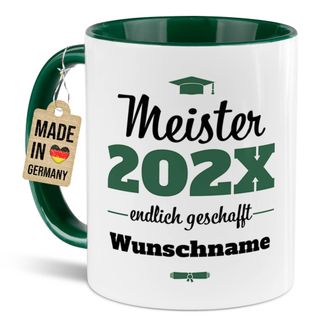 Tassendruck Tasse mit Spruch - Meister - Endlich geschafft - mit Name & Abschlussjahr selbst gestalten - Geschenk zur bestandenen Meisterpr&uuml;fung, Innen & Henkel D