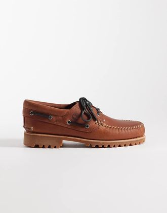Timberland Authentic - Chaussures bateau en cuir pleine fleur &agrave; 3 paires doeillets - Rouille-Brown