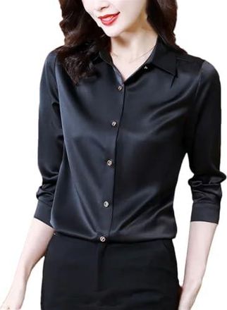 Generic Chemises en soie pour femme Blause à manches longues, Noir, L
