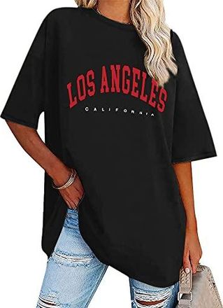 Dresswel T-shirt surdimensionn&eacute; pour femme Los Angeles California Lettre imprim&eacute;e Vintage T-shirt manches courtes col rond Haut d&eacute;t&eacute; ample Chemisier long Tuniq