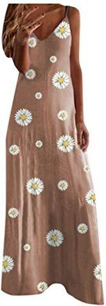 Generic Robes boh&egrave;me pour femmes, robe &eacute;l&eacute;gante, ample, sans manches, imprim&eacute; floral, col en V, 2026, kaki, L