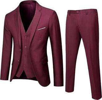 Generic Costume 3 pi&egrave;ces pour homme - Coupe ajust&eacute;e - Coupe normale - Couleur unie - Costume daffaires - Costume de f&ecirc;te - Costume de No&euml;l, rouge, L