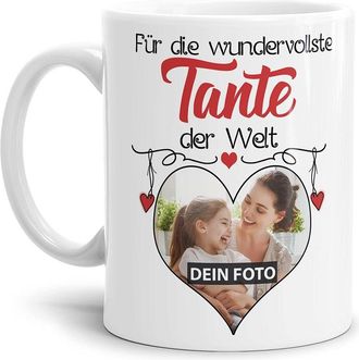 Tassendruck Tasse mit Spruch - Wundervollste Tante der Welt - personalisiert mit Wunschfoto - Geschenkidee für die Tante - Weiß, 300 ml