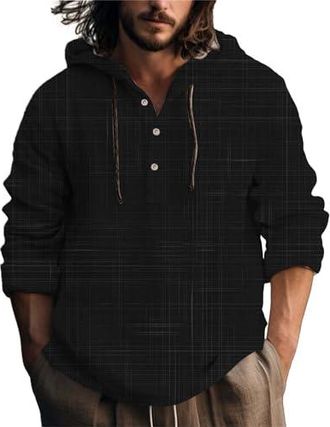 Generic Sweat-shirt hippie en lin pour homme avec capuche boutonn&eacute;e et patte de boutonnage &agrave; manches longues l&eacute;ger d&eacute;contract&eacute; plage yoga pull &agrave; capuche chemi