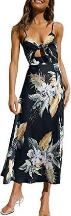 Generic Robes amincissantes pour femmes, taille rentr&eacute;e, noeud d&eacute;coratif, imprim&eacute; floral, jupe &agrave; bretelles, robe d&eacute;contract&eacute;e, Noir, XL