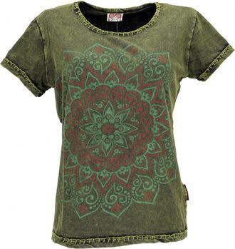 Guru Shop Boho T-Shirt mit Mandaladruck, Stonewashed T-Shirt - Grün, Damen, Baumwolle, Size:XL