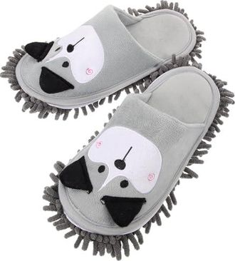 BESTONZON Pantoufles de Nettoyage pour Sols en Microfibre &Eacute;paisses Taille Moyenne Motif Chien Gris Lavables et Semelle Amovible Pantoufles DInt&eacute;rieur Pratiques 