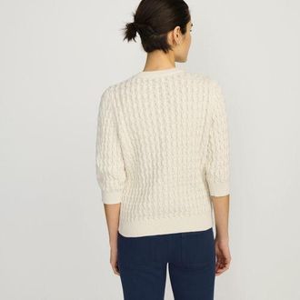 Lands End Baumwoll-Zopfmustercardigan mit 3/4-Ärmeln, Damen, Größe:36-38 regular, Weiß, Baumwolle, by Lands End