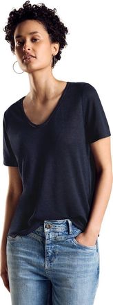 Street One Damen A321616 T-Shirt In Leinenoptik, Deep Blue, 38 EU
