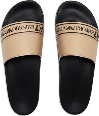 Emporio Armani Emporio Slide Sandalen, Schwarz und Gold, Design mit Logo am Band, Schwarz golden, 38 EU