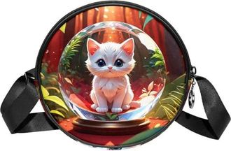 Generic Sac &agrave; bandouli&egrave;re rond rond pour femme, motif chat et boule de cristal avec fermeture &eacute;clair et bretelles r&eacute;glables