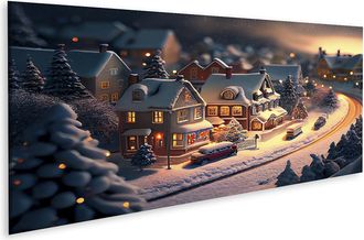 Islandburner Bild auf Leinwand Weihnachtsdorf Schnee Winterdorf Landschaft Weihnachtsferien Schneebedeckt Bilder Wandbilder Poster JBVP-Pano