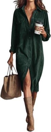 Generic Robe chemise midi boutonnée en velours côtelé pour femme, robe midi décontractée à manches longues, robe midi à col en V, Vert, XXL