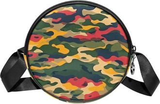 Generic Petit sac &agrave; bandouli&egrave;re rond pour femme, motif camouflage color&eacute;, avec fermeture &eacute;clair, bretelles r&eacute;glables, sac &agrave; main rond d&eacute;contract&eacute; pour femmes 