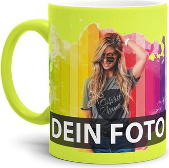 Tassendruck Tasse selbst individuell gestalten/Personalisierbar mit eigenem Foto Bedrucken/Fototasse/Motivtasse/Werbetasse/Firmentasse mit Logo/Außen Neongelb Mat