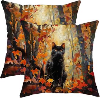 Generic Einzigartige Herbstkatze Schwarz Zierkissenbez&uuml;ge Luxuri&ouml;se Kissenbez&uuml;ge Modern Dekokissen F&uuml;r Bett Balkon Heimdekoration 45X45Cm 2Er Set