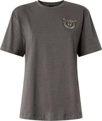 Pinko Pinko, Femme, Tops, Gris, Taille: 42 FR Love Birds Jewel Embroidery T-shirt