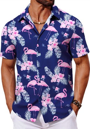 Coofandy Hawaii Hemd M&auml;nner Sommerhemd Kurzarm Strandhemd Urlaub Hawaiihemd Blumen Hemd Aloha Herrenhemden Party Shirt Dunkelblau Flamingo 3XL