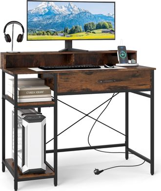 Giantex Schreibtisch mit Steckdosen, Computertisch aus Holz mit Aufsatz, Schublade & 2-st&ouml;ckigem Ablagefach, B&uuml;rotisch f&uuml;r Wohnzimmer & Schlafzimmer, 106 x 48