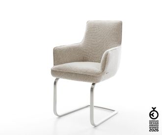 DELIFE Freischwinger Heira-Flex mit Armlehnen Webstoff Soft Beige Freischwinger flach Edelstahl Taschenfederkern, Esszimmerst&uuml;hle