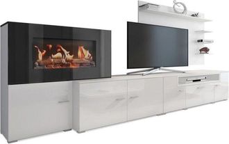 Skraut Home Wohnm&ouml;bel mit elektrischem Kamin mit 5 Flammenstufen, Oberfl&auml;che Mattwei&szlig; und Hochwei&szlig; lackiert, Ma&szlig;e: 290 x 170 x 45 cm tief - Skraut Home