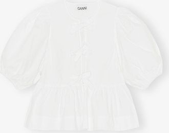 Ganni wei&szlig; Peplum-Bluse aus Baumwollpopeline mit Bindeband Bio-Baumwolle - Gr&ouml;&szlig;e 32