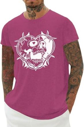 Generic T-shirts de Saint-Valentin pour homme - T-shirt gothique &agrave; motif t&ecirc;te de mort et coeur pour la Saint-Valentin - T-shirt tendance d&eacute;contract&eacute; graphique