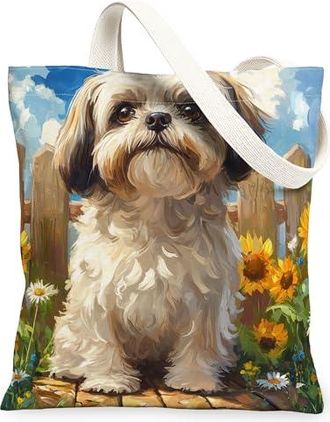 Generic Spring Shih Tzu Sac fourre-tout en toile pour faire du shopping 33 x 38,1 cm, sac d&eacute;picerie r&eacute;utilisable pour femme, ferme, animal domestique, plage, 