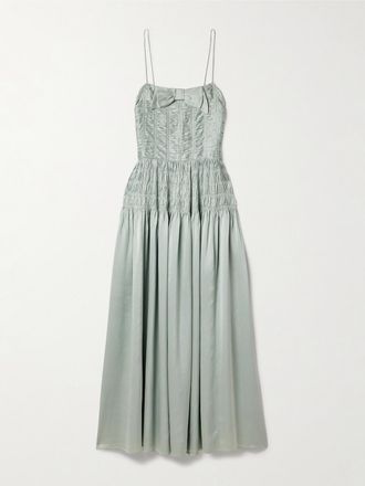 D&ocirc;en Ambrosia Midikleid Aus Seidensatin Mit Raffungen Und Schleife - Gr&uuml;n