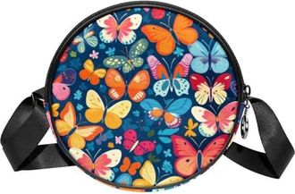 Generic Sac &agrave; bandouli&egrave;re circulaire pour femme, motif floral, papillon, petit sac &agrave; bandouli&egrave;re avec fermeture &eacute;clair, bretelles r&eacute;glables, sac &agrave; main rond d