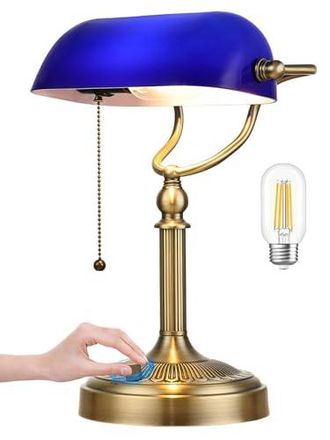 Newrays Lampe de Bureau en Verre Bleu Bankers, Lampe de Table Gradable sans Intervalles Fixation à Branchement pour Bureau, Bureau Domicile, Ampoule LED Inclu