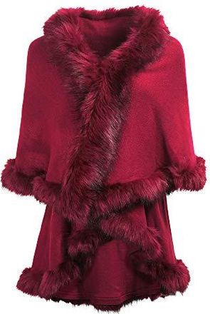 ZLYC Hiver Fausse Fourrure Cape Chaud Tricoté Ponchos Châle(Rouge),Taille Unique