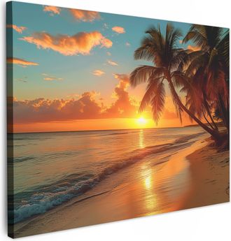 MuchoWow © Bild auf Leinwand 70x50 cm Schlafzimmer Bilder Badezimmer Wand Deko Wohnzimmer Modern Wanddeko Bilderwand Geschenk Sonnenuntergang - Strand - Palmen