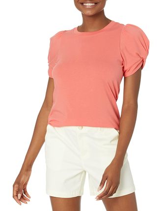 Amazon Essentials Damen-T-Shirt, Klassische Passform, gedrehte Ärmel, Rundhalsausschnitt, Korallenrosa, Größe S