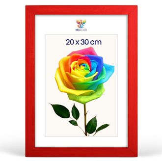 MG Design Bilderrahmen 20 x 30 cm - Fotorahmen mit Rot Holzrahmen (Echtholz) und bruchsicherem Acrylglas, Hoch & Quer zum Aufh&auml;ngen, zum Aufstellen