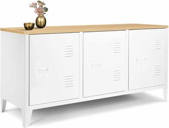 IDMarket Niedriges Sideboard 113 cm Ester 3 T&uuml;ren Metall wei&szlig; Holzplatte Industriedesign