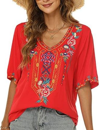 JD Williams Tunique d&eacute;t&eacute; boh&egrave;me pour femme - Blouse broderie folklore - Haut traditionnel hippie v&ecirc;tement - Manches courtes - Col en V, XXL