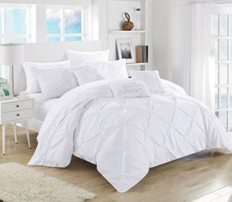 Chic Home Bettwäsche-Set mit Quetsch- und Plisseefalten, komplettes Bettwäsche-Set und dekorative Kissen, Mikrofaser, Weiß, Kingsize-Bett