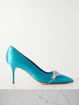 Manolo Blahnik Asapump 70 Pumps Mit Spitzer Kappe Aus Satin Mit Kristallen - Blau
