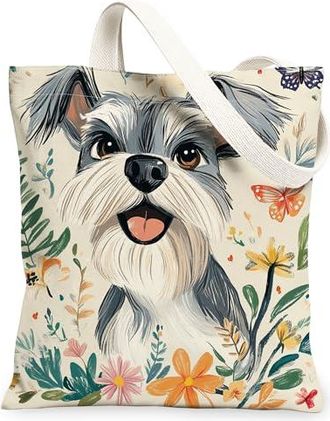 Generic Sac fourre-tout en toile motif chien schnauzer printanier 33 x 38,1 cm, sac d&eacute;picerie r&eacute;utilisable pour femme, peinture danimaux domestiques, d&eacute;corati