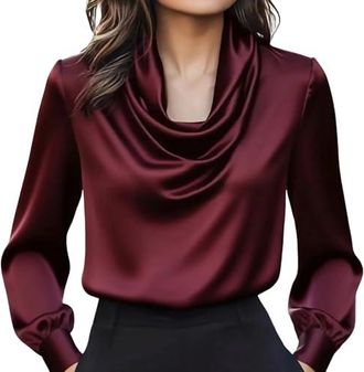 Generic Chemisier en satin pour femme &eacute;l&eacute;gant &agrave; col b&eacute;nitier drap&eacute; en satin au toucher soyeux &agrave; manches longues en soie pour femme, chemises de soir&eacute;e, de bur