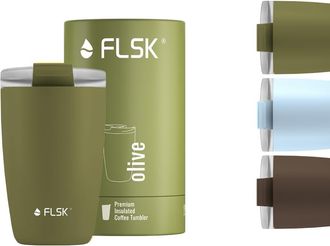 FLSK Kaffeebecher - Premium coffee to go-Becher aus Edelstahl - 100 % auslaufsicher, BPA-frei & doppelwandig - h&auml;lt 3 h hei&szlig; (olive, 350 ml)