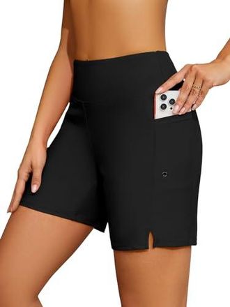 SHEKINI Short de bain pour femme - Taille haute - Avec poches - Séchage rapide - Avec doublure, Noir, XXXL