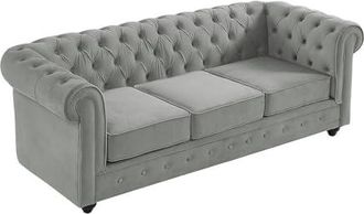 Vente-Unique Canap&eacute; 3 Places Chesterfield - Velours Gris Clair